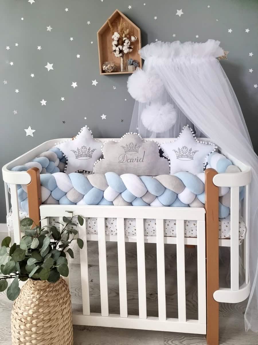Baby boy bedding set with crib padding: blue, light gray, white ...