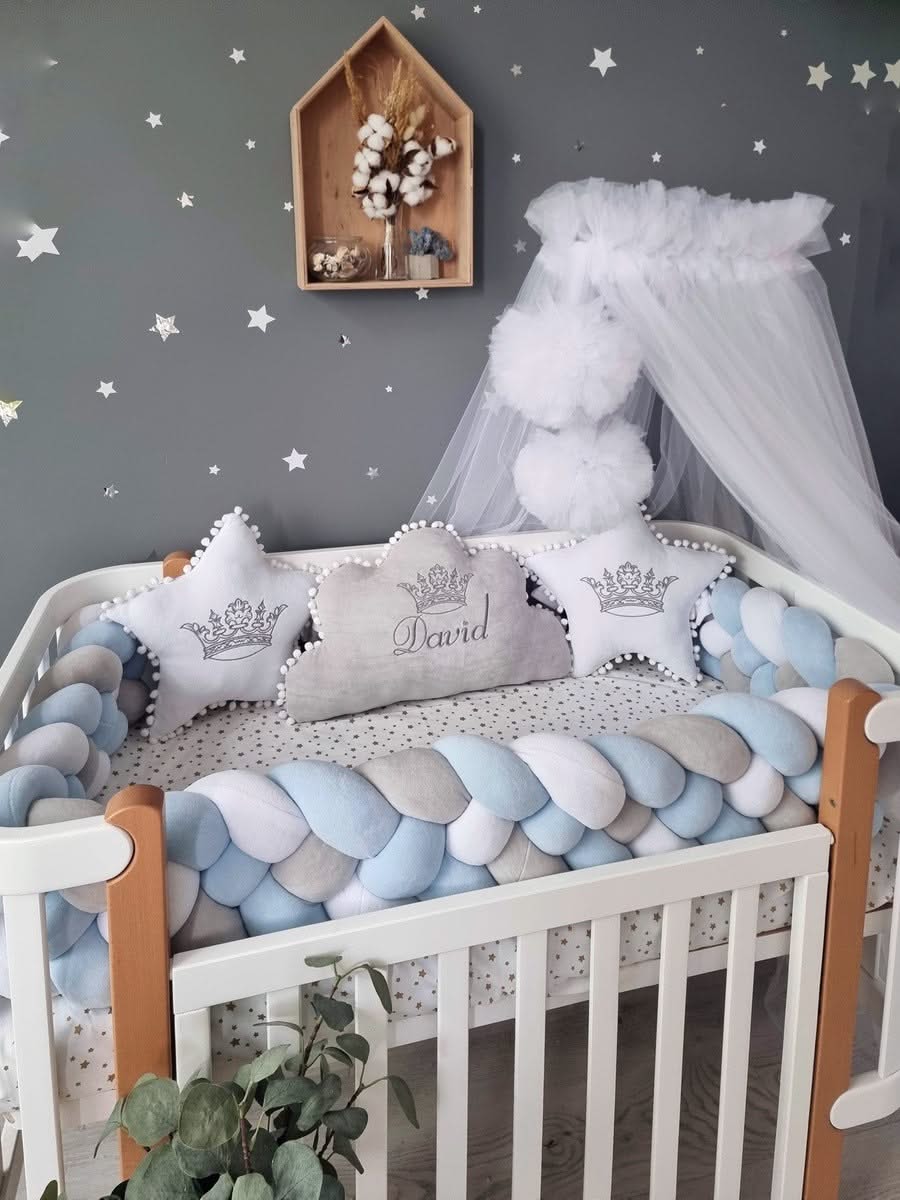 Baby boy bedding set with crib padding: blue, light gray, white ...