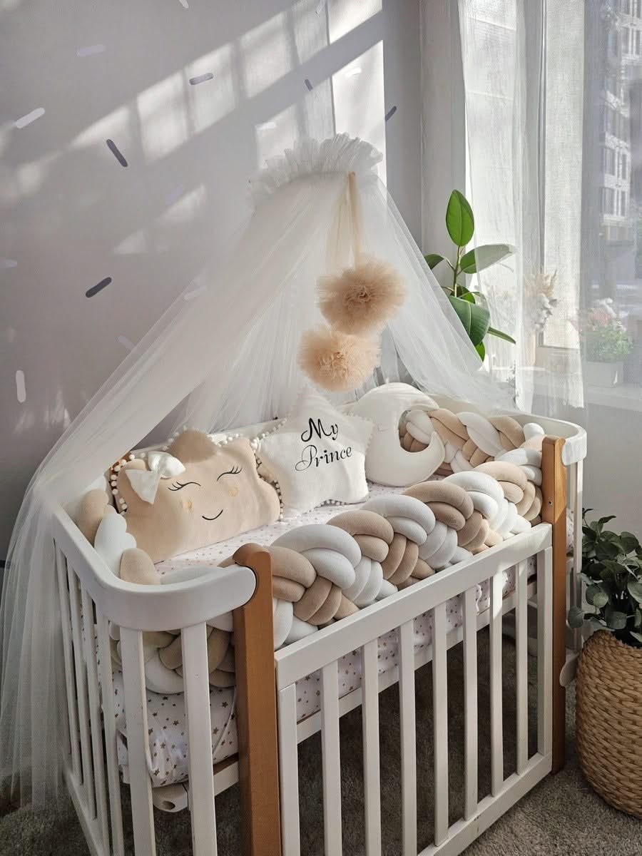 Beige baby crib bedding set with braided crib bumper – KariStudio