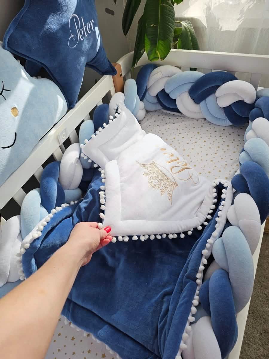 Baby bedding crib set for boy navy blue. Braided crib bumper – KariStudio