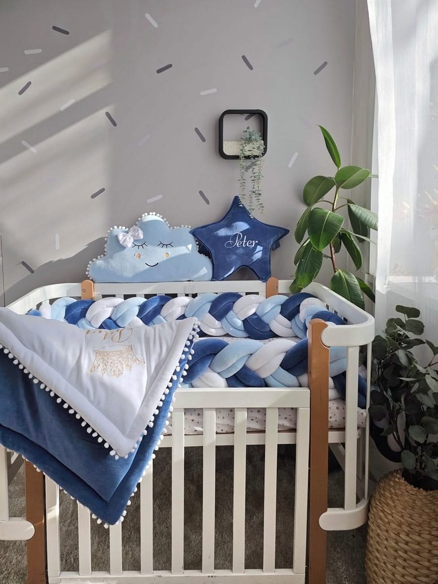 Baby bedding crib set for boy navy blue. Braided crib bumper – KariStudio