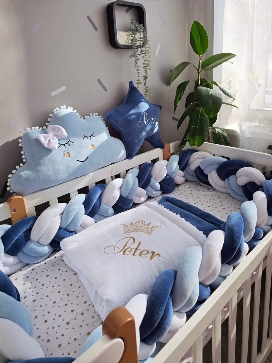 Baby bedding crib set for boy navy blue. Braided crib bumper – KariStudio