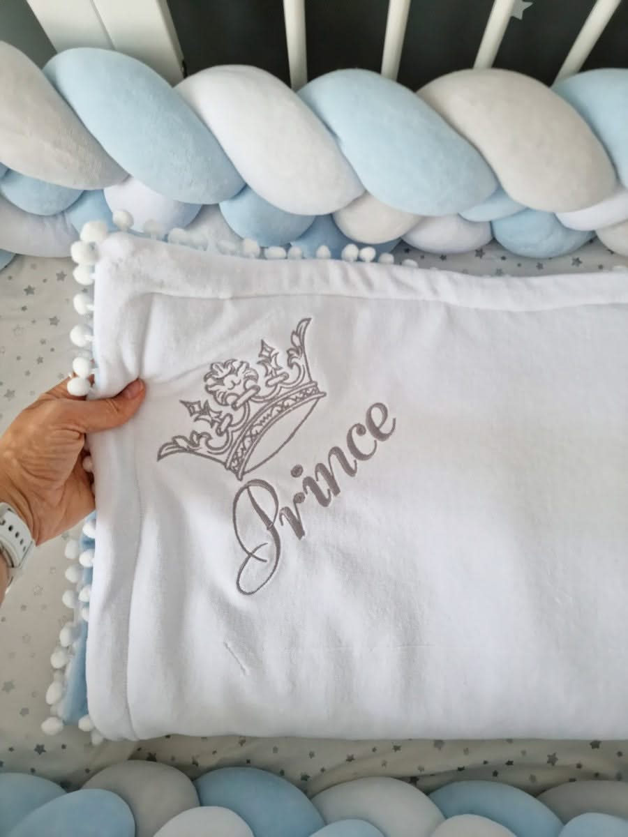 Baby boy bedding set with crib padding: blue, light gray, white ...