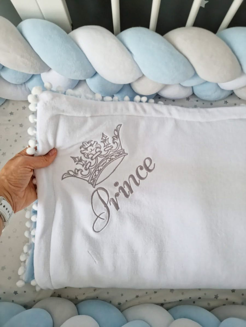 Baby boy bedding set with crib padding: blue, light gray, white ...