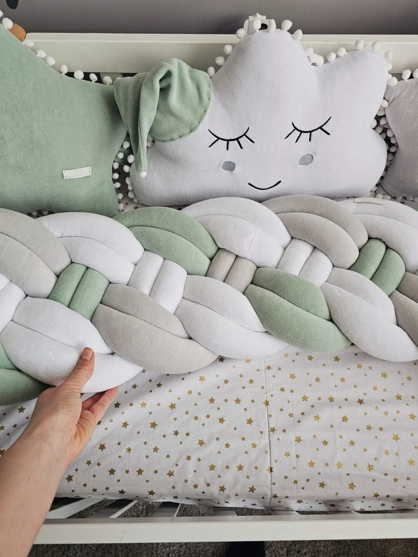 Gender neutral baby bedding set with braided crib bumper green – KariStudio