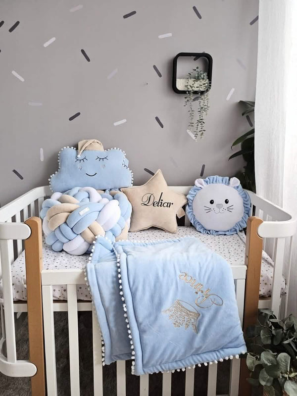 Luxury Beige Blue Baby Boy Bedding Set - Cloud, Lion & Star | KariStudio