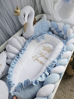 Personalized Baby Bedding Set Blue White | Handmade Nursery Decor