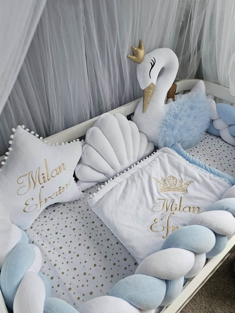 Personalized Baby Bedding Set Blue White | Handmade Nursery Decor
