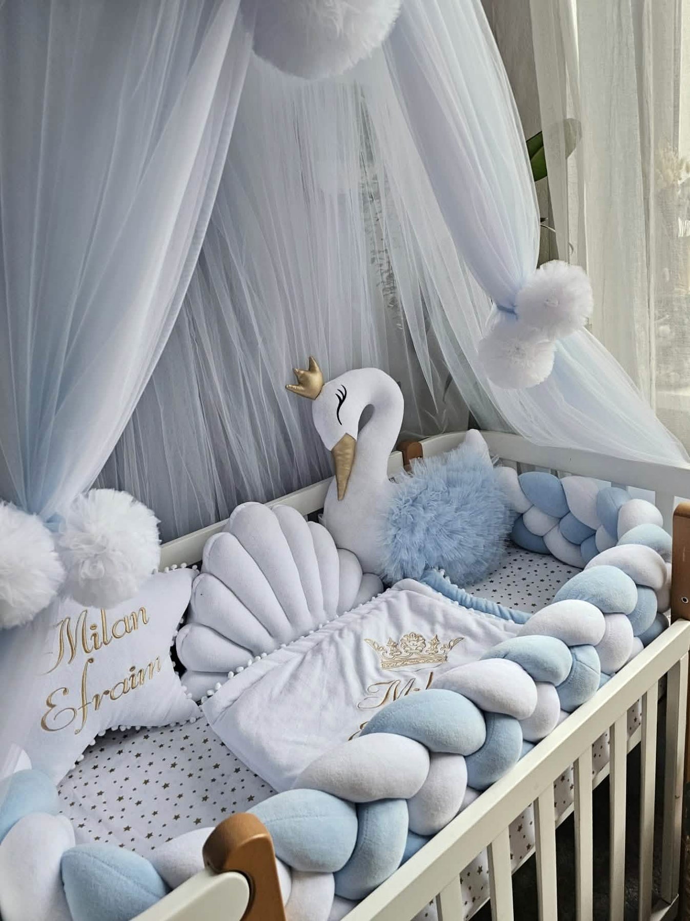 Personalized Baby Bedding Set Blue White | Handmade Nursery Decor