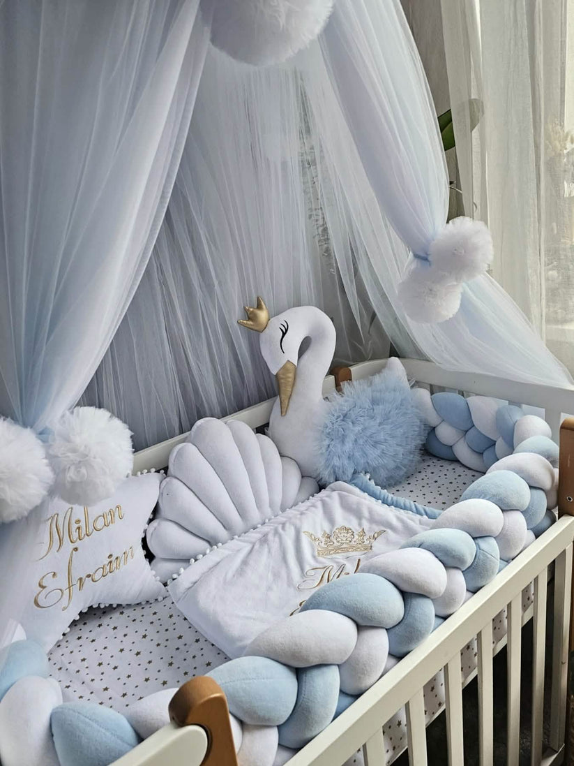 Personalized Baby Bedding Set Blue White | Handmade Nursery Decor